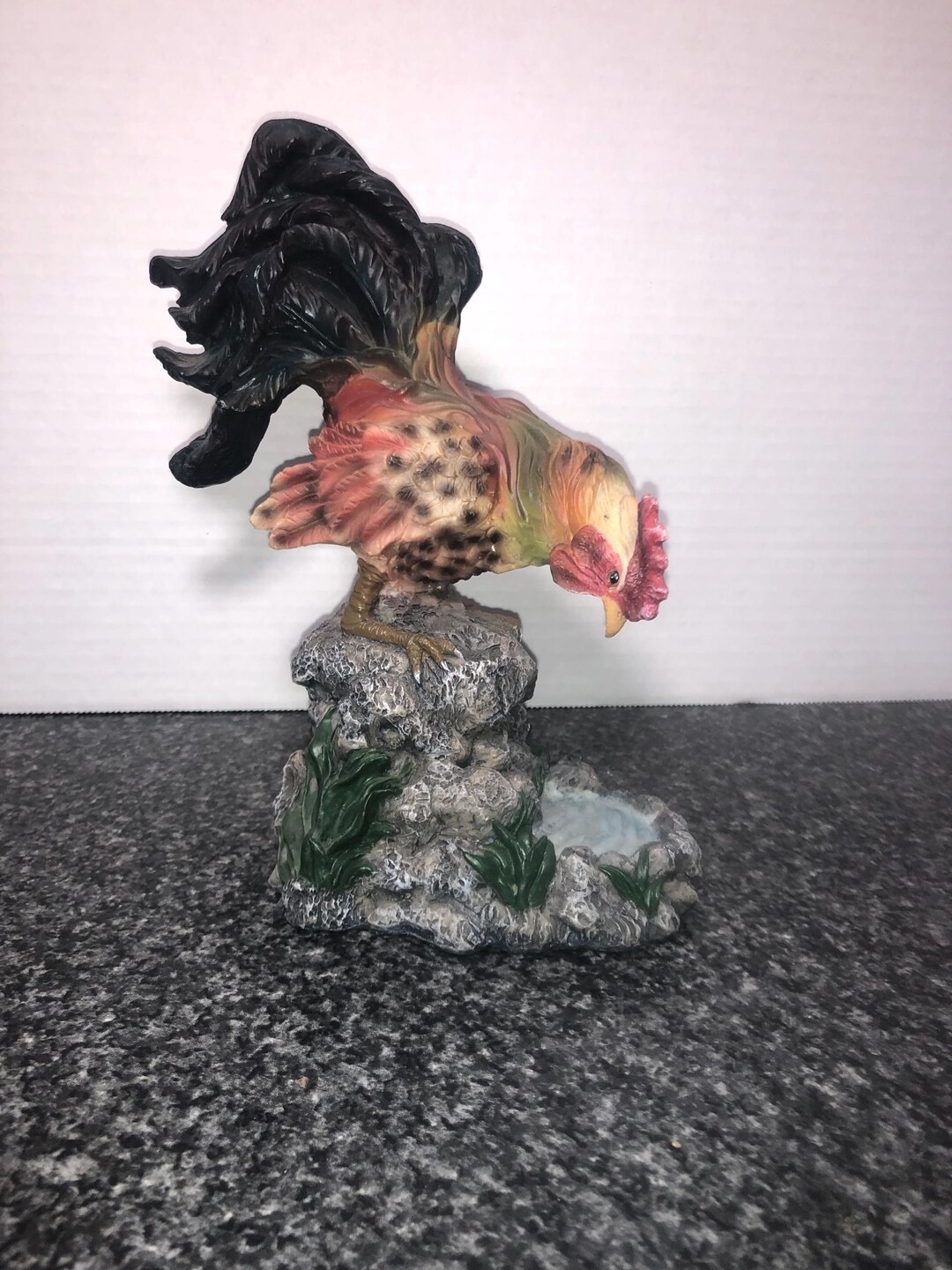 Vintage Resin Rooster Statue Figurine Faux Stone Water Base Beautiful ...