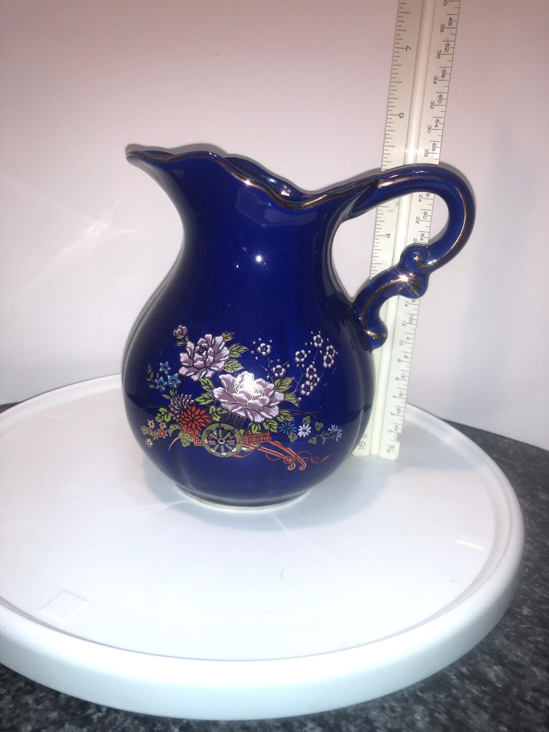 Vintage Cobalt Blue Japanese Ceramic Pitcher With Gold Trim and Floral ...