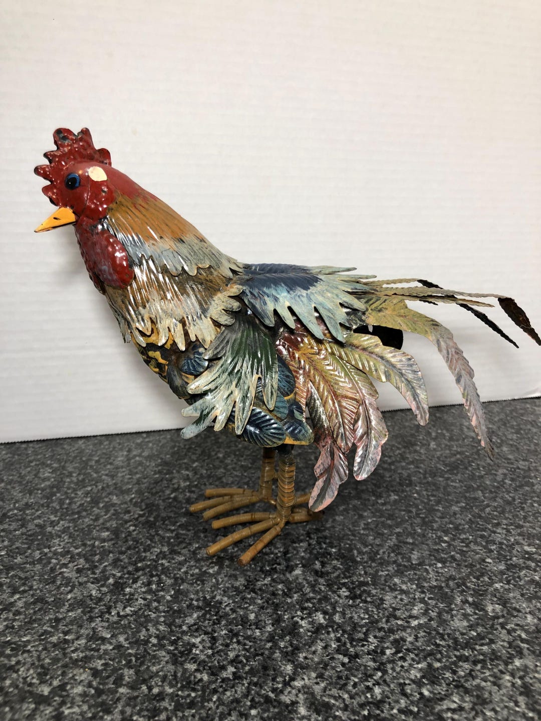 Vintage Metal Rooster Chicken Statue Yard Art Hand Painted Farmhouse ...