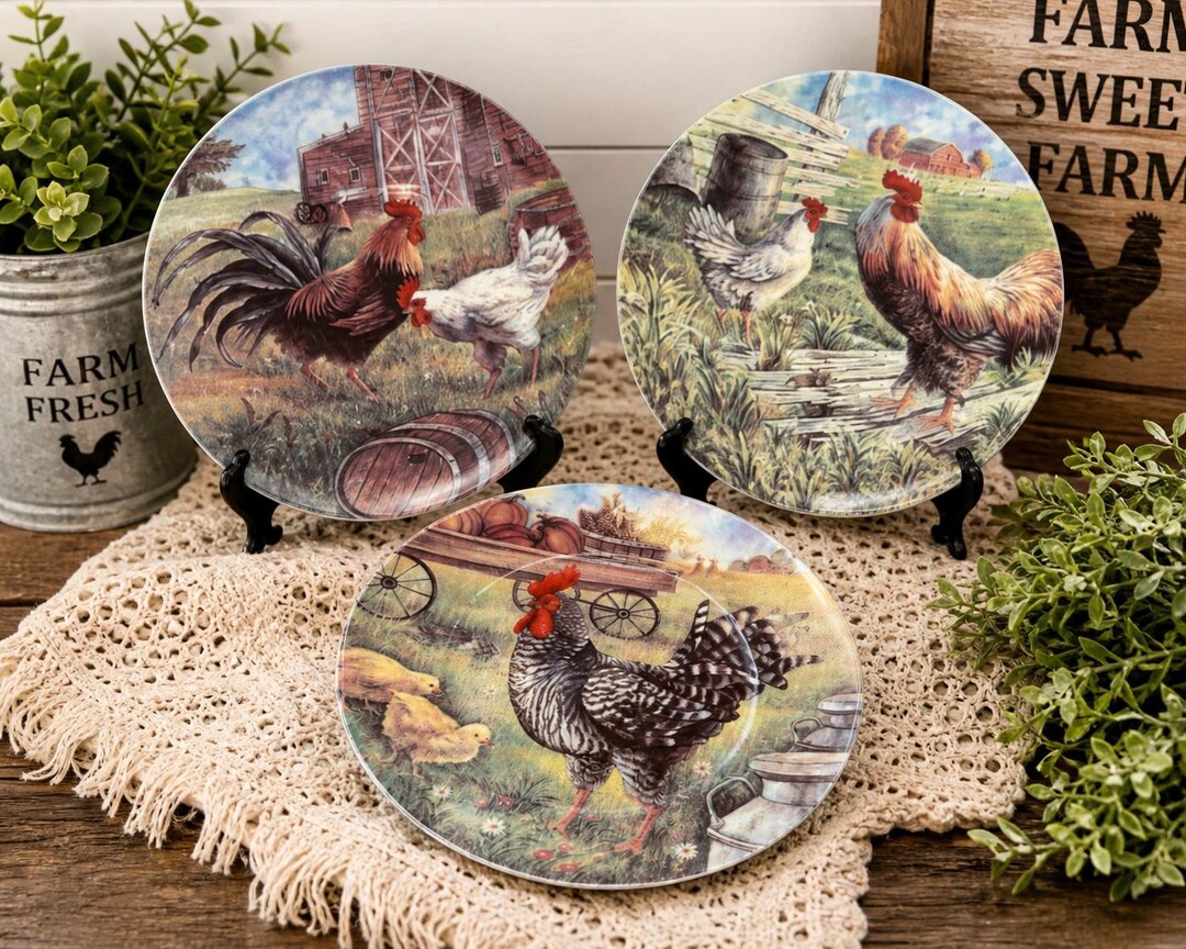 Set of 3 Rooster Farm Scene Decorative Plates Vintage Country Kitchen ...