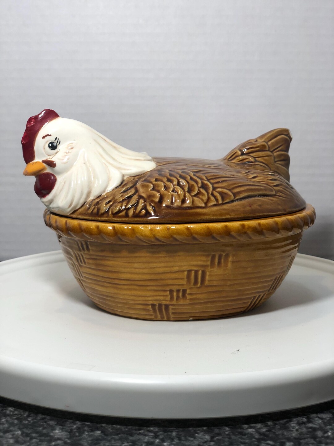 Vintage Ceramic Hen on Nest Brown White Chicken Butter Trinket Candy ...