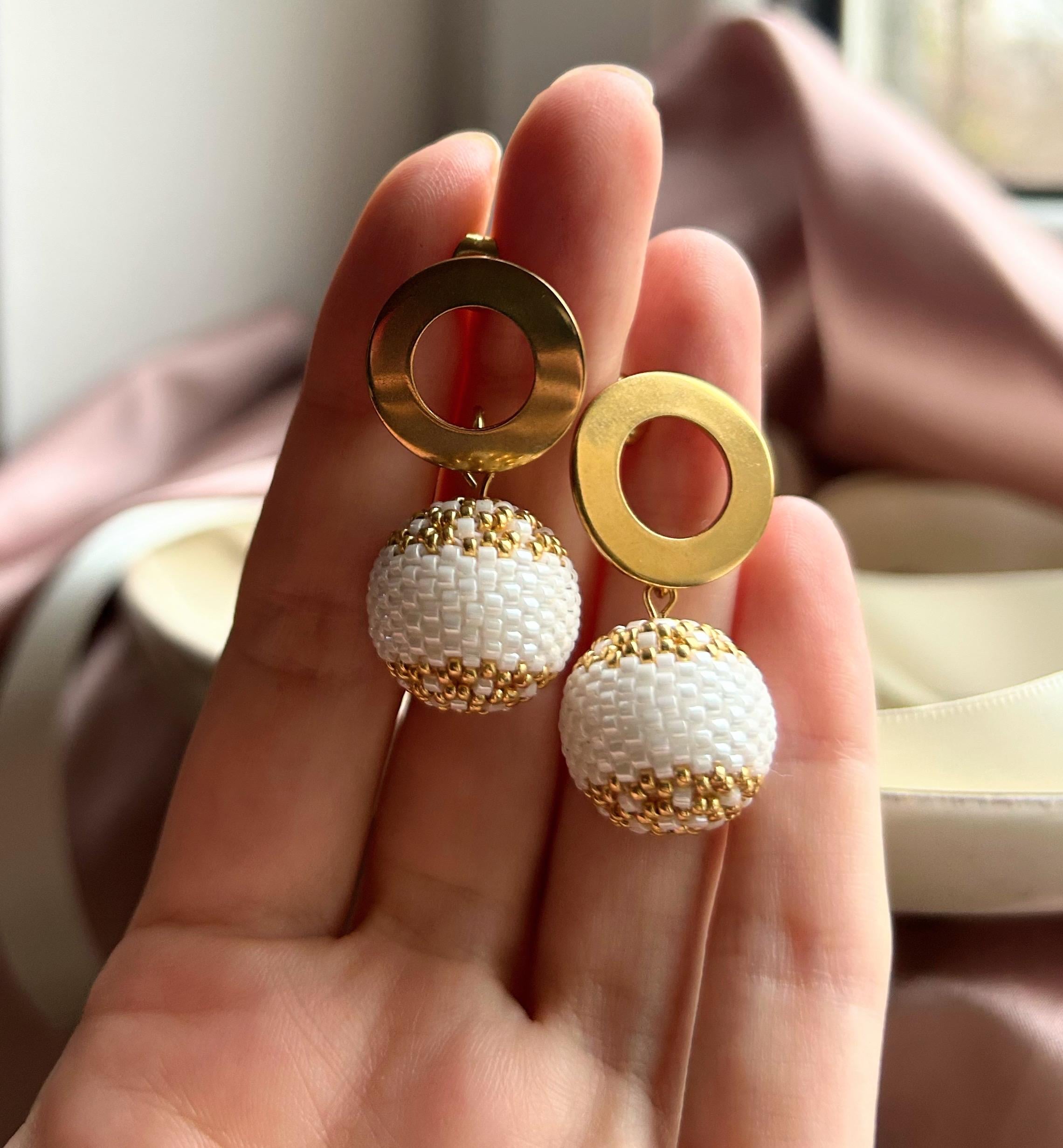 Snow White & Gold Seed Bead Sphere Dangle Earrings – Handmade Cute Ball ...