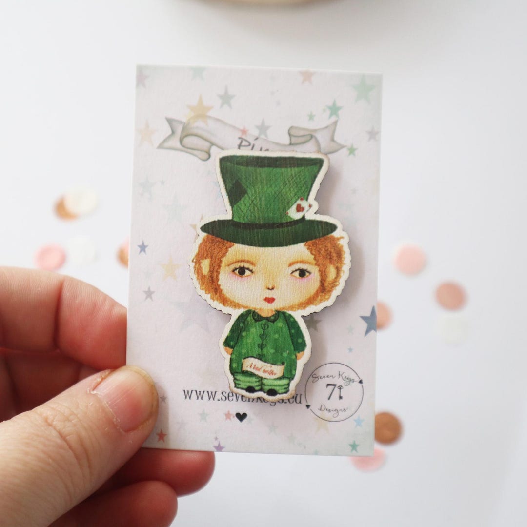 The Mad Hatter Fairy Tale Pin wooden Pin With Original Illustration - Etsy