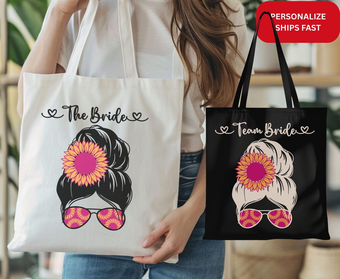 Cute Boho Bachelorette Custom Messy Bun Tote Bags Personalized Beach ...