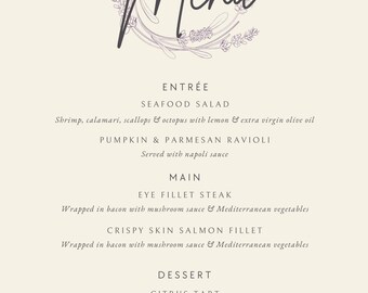 Lavender Wedding Menu Templates-3 Versions Included - Etsy