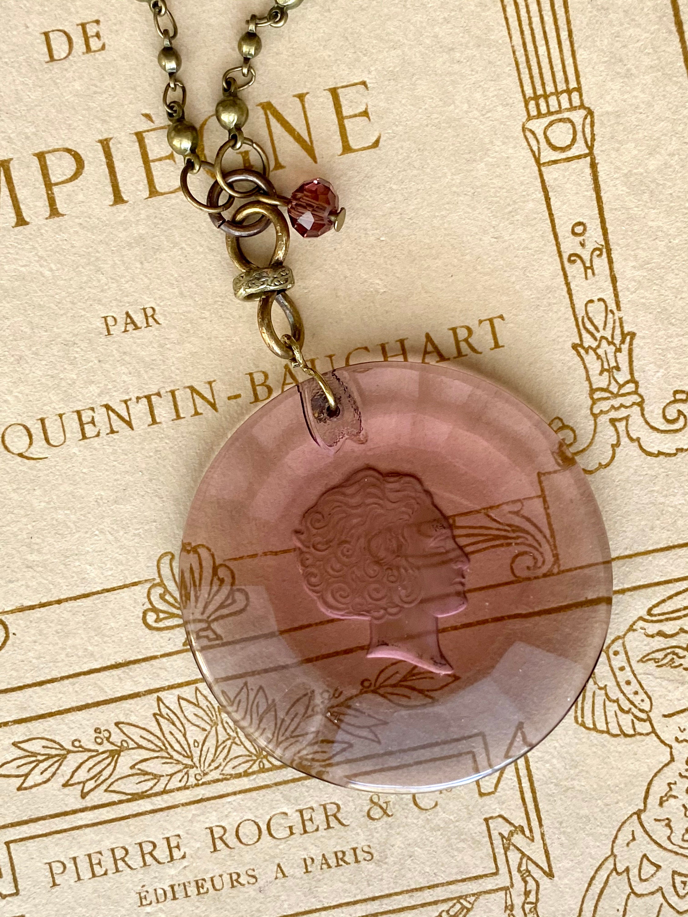 Necklace 1930s Plum Purple Glass Cameo Intaglio Vintage Pendant - Etsy