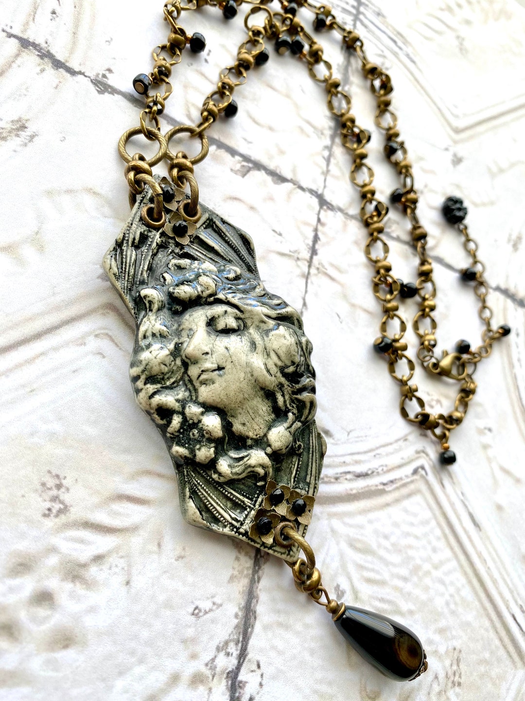 Art Nouveau Lady Pendant Necklace With Black Onyx, One of a Kind OOAK ...