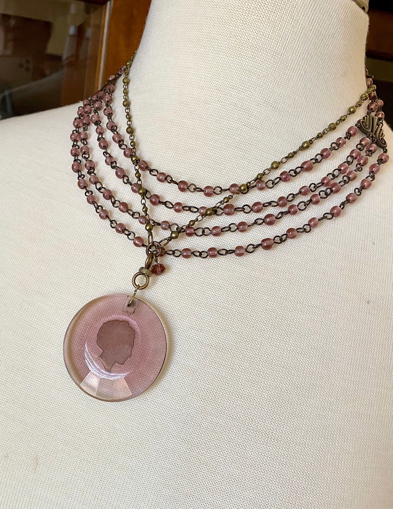 Necklace 1930s Plum Purple Glass Cameo Intaglio Vintage Pendant - Etsy
