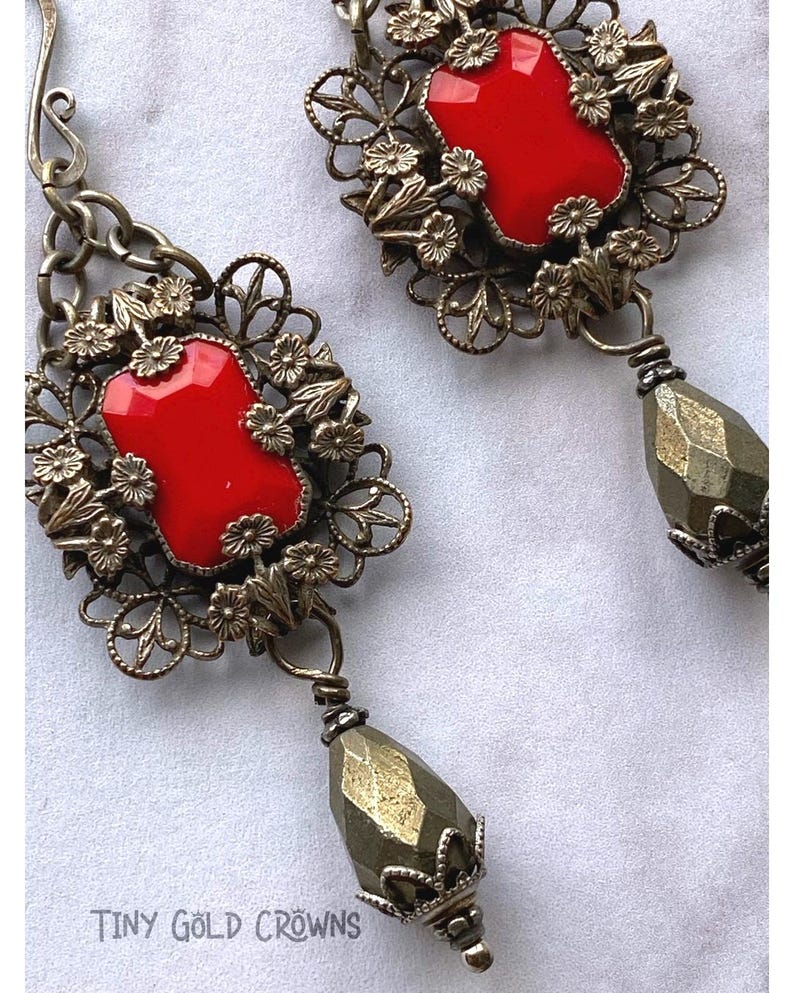 Sterling Silver Filigree Floral Red Pyrite Drop Dangle Earrings - Etsy
