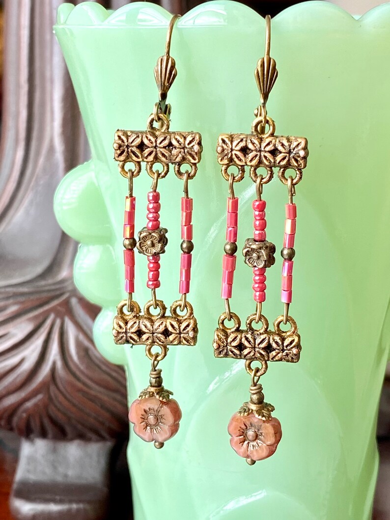 Coral Salmon Pink Bugle Bead Brass Drop Dangle Long Earrings - Etsy