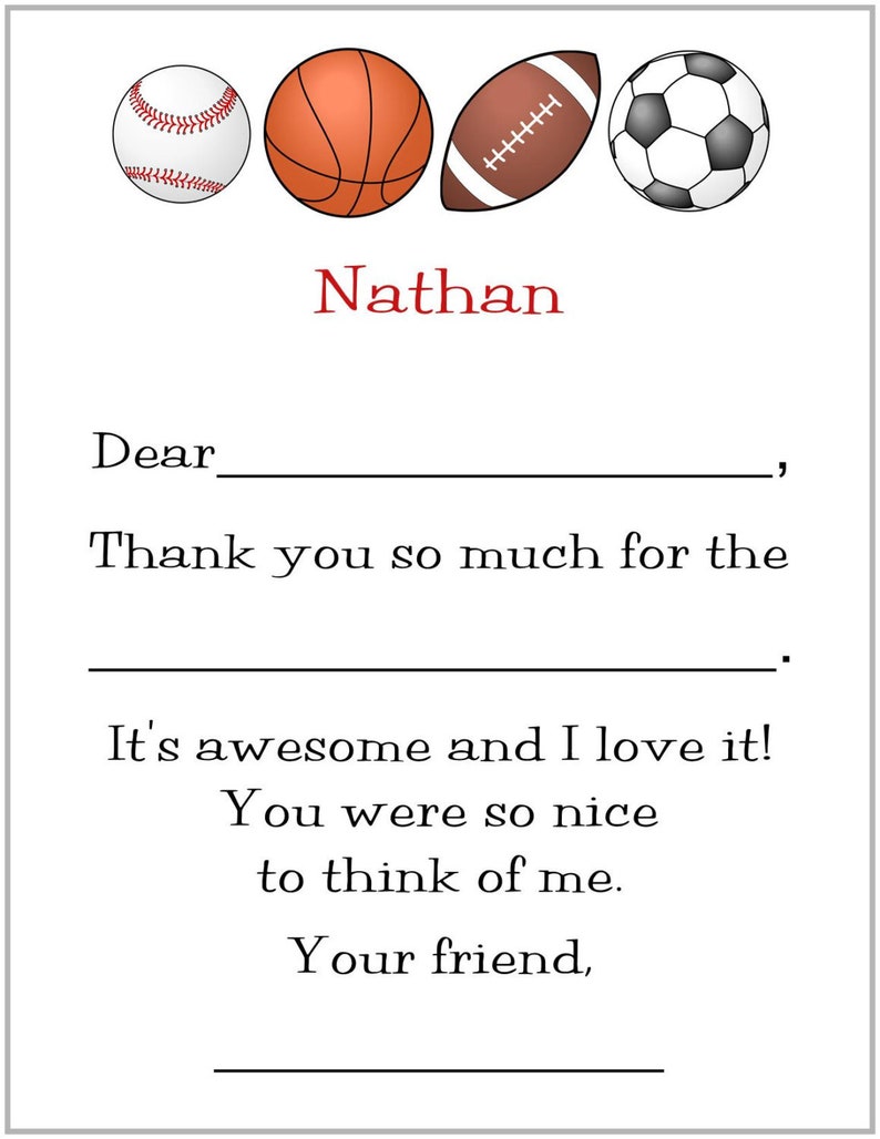 Sports Thank You Notes Sports Fill-in Note Cards for | Etsy