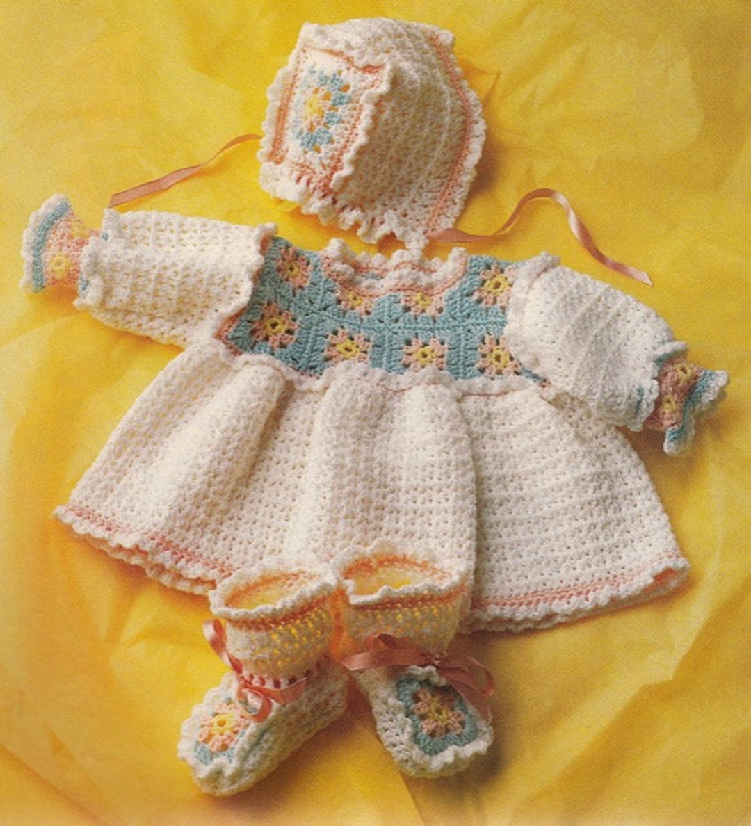 Easy Baby Layette Set CROCHET PATTERN Dressbonnetbooties 6 Months-1 ...