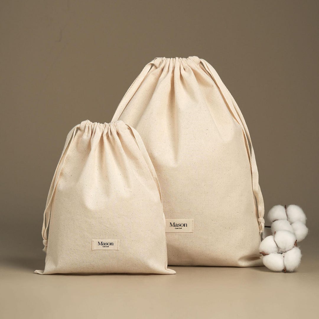 50pcs Beige Cotton Drawstring Bags: Custom Logo Label, Jewelry ...