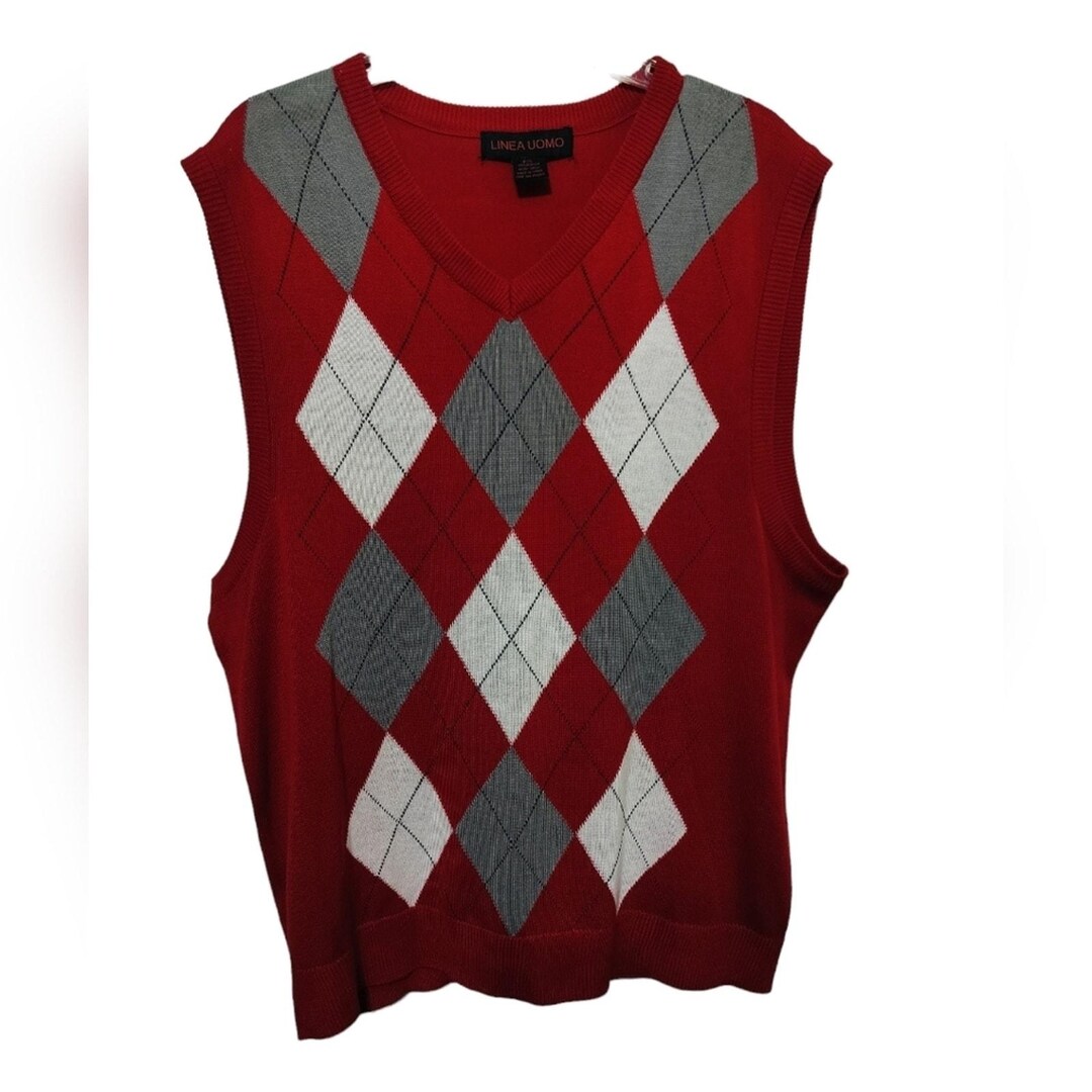 M425) Linea Uomo Red Knit Acrylic Argyle Pullover Sweater Vest Size 2XL ...