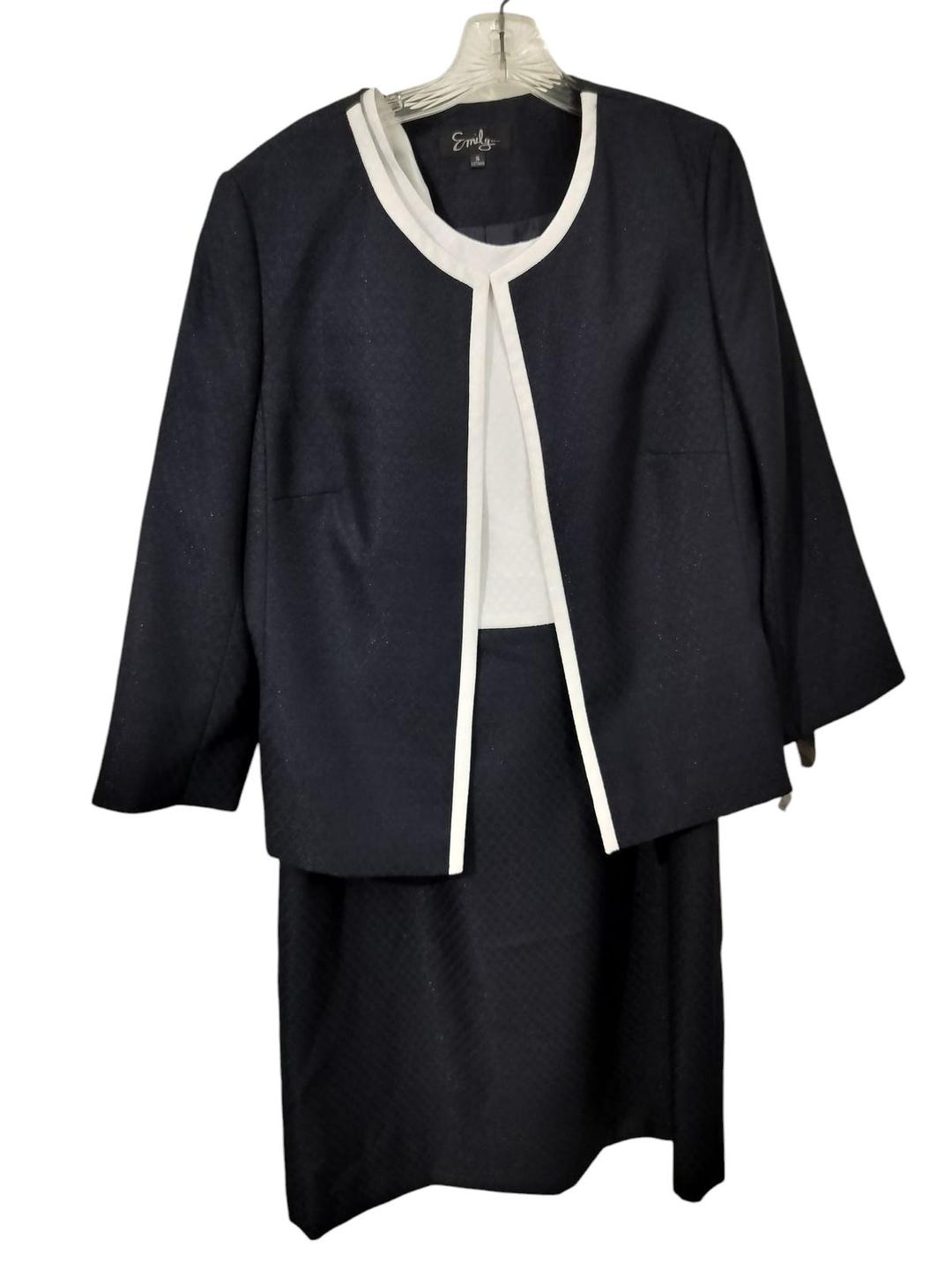 3533) Emily Women's Navy Blue White 2 Pcs Dress & Jacket Career Suit ...