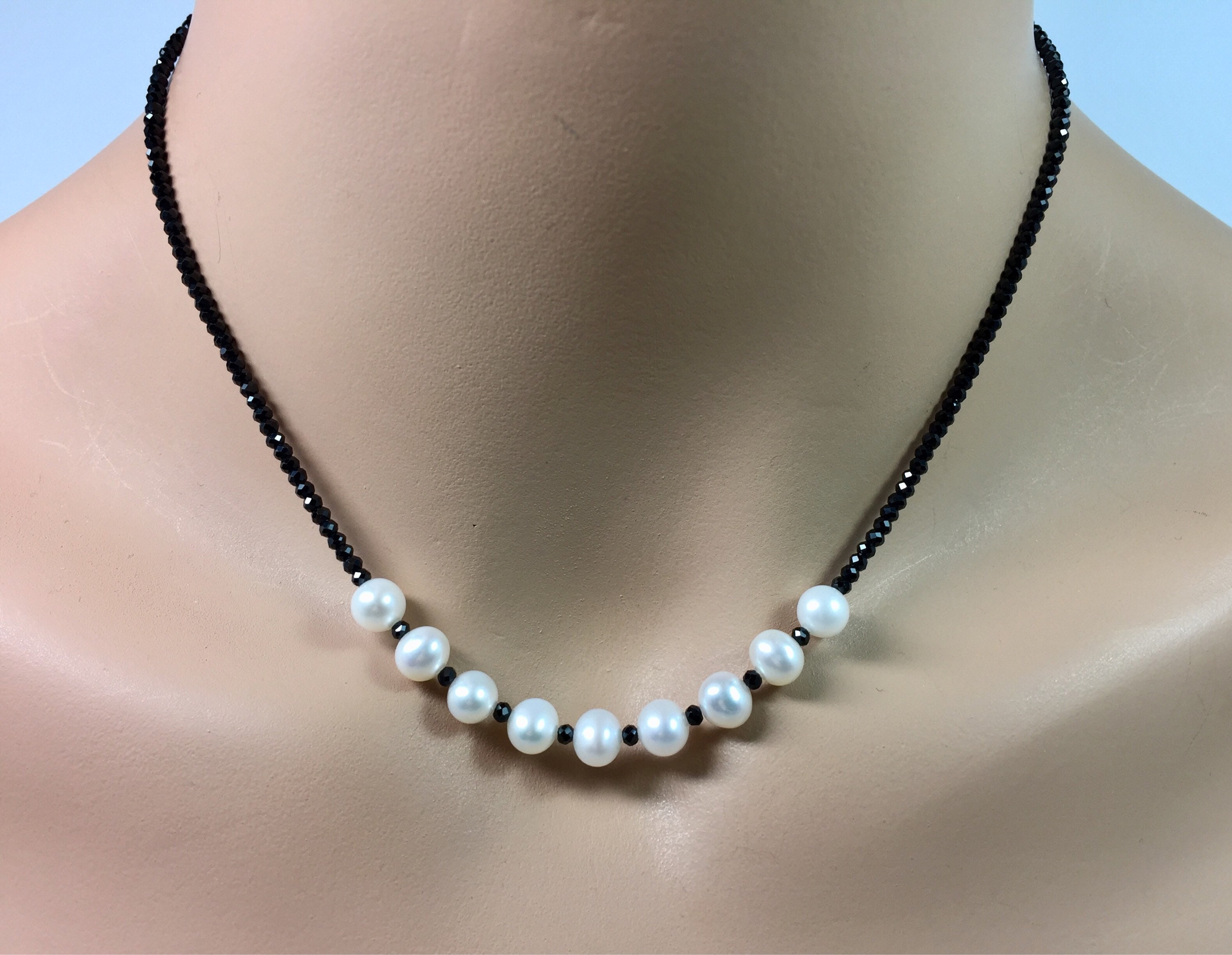 Black Spinel And Freshwater Pearl Necklace In Sterling Silver Etsy