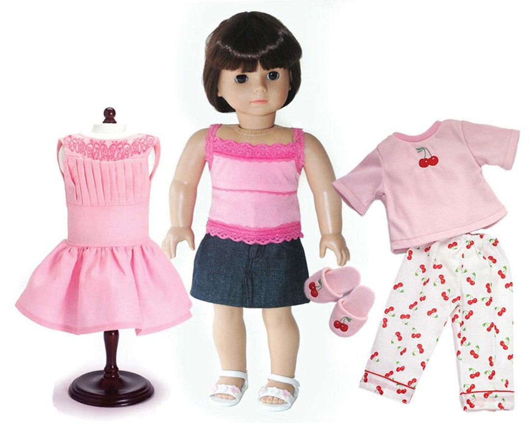 18" Doll Clothes Bundle, Pink Dress, Pink and Denim Outfit and Cherry ...