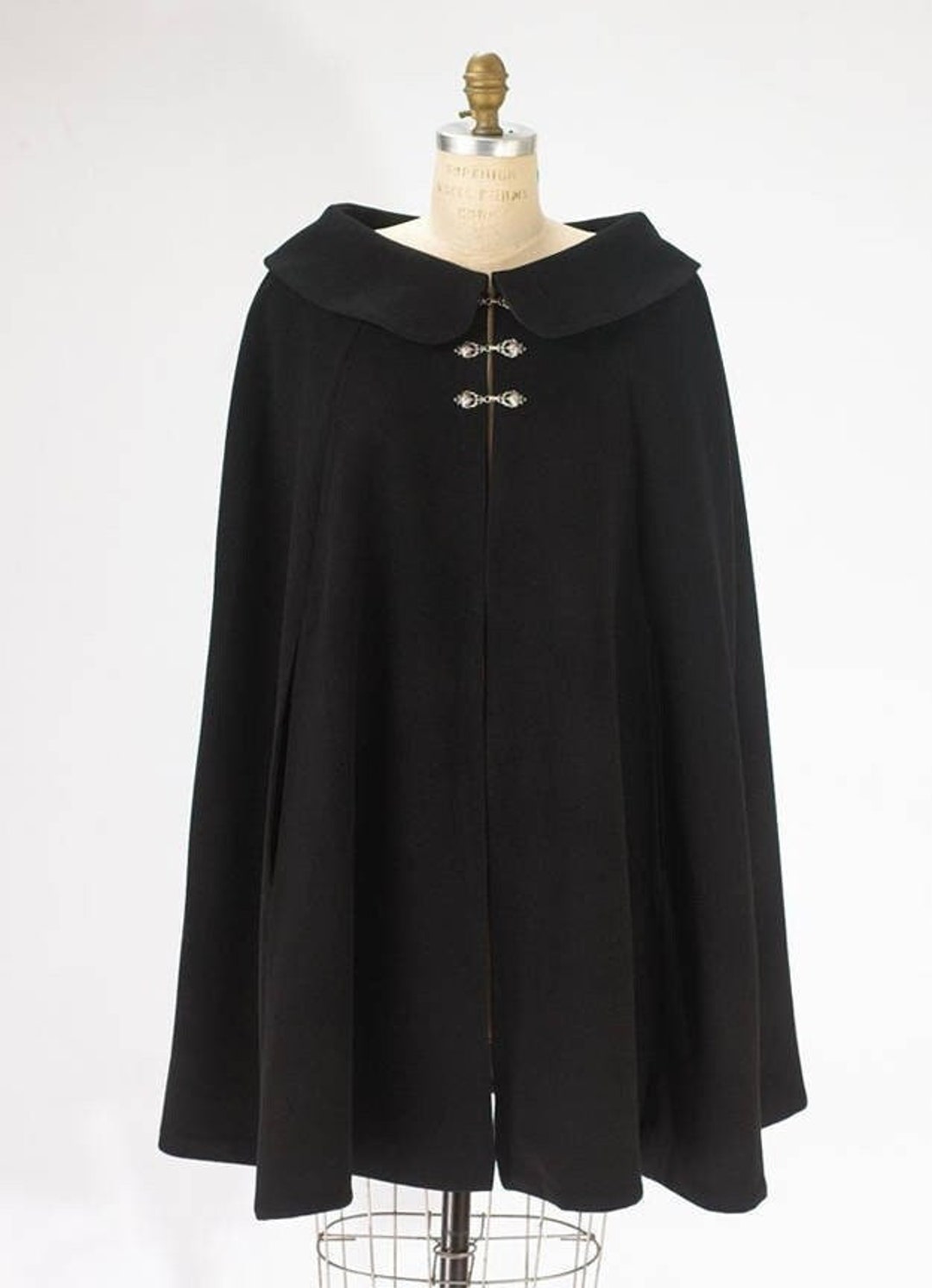 Black Wool Short Cape With Collar, Lined in Black Satin, Silver Clasps ...