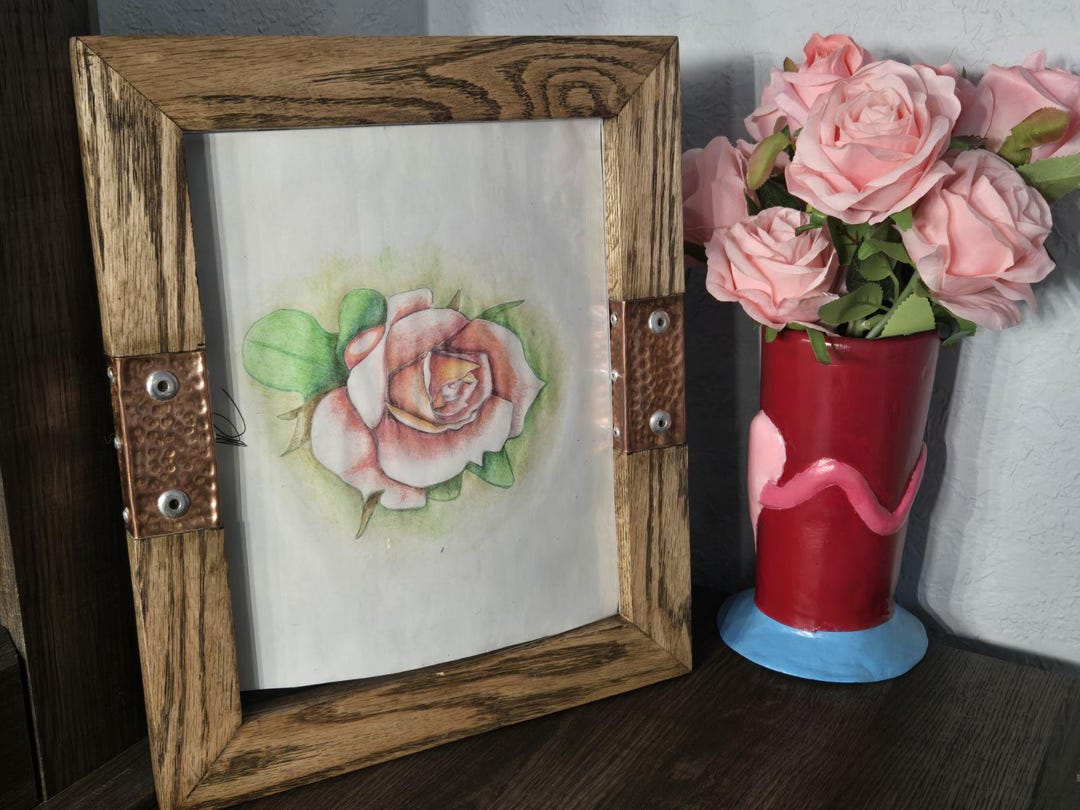 Red Oak Picture Frame With Metal Hammered Accents - Etsy