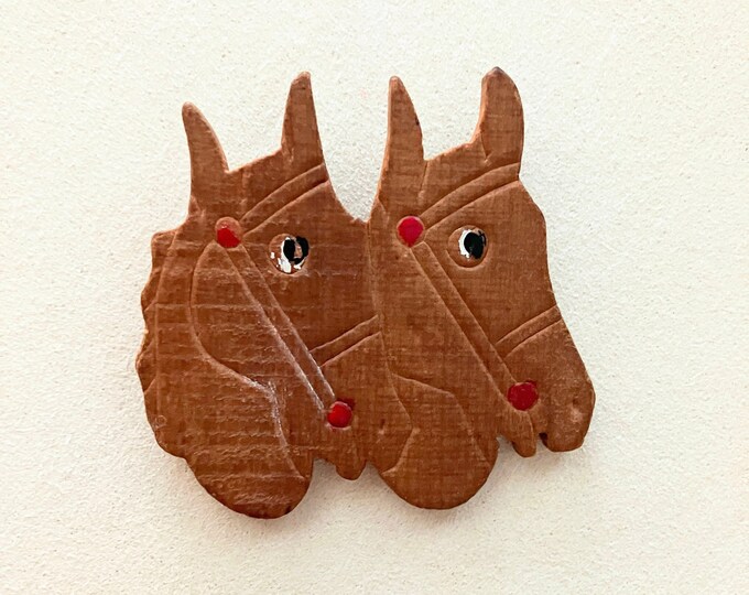 1940s Cute Dual Horse Head Wooden Brooch / 1940s Western Brooch ...