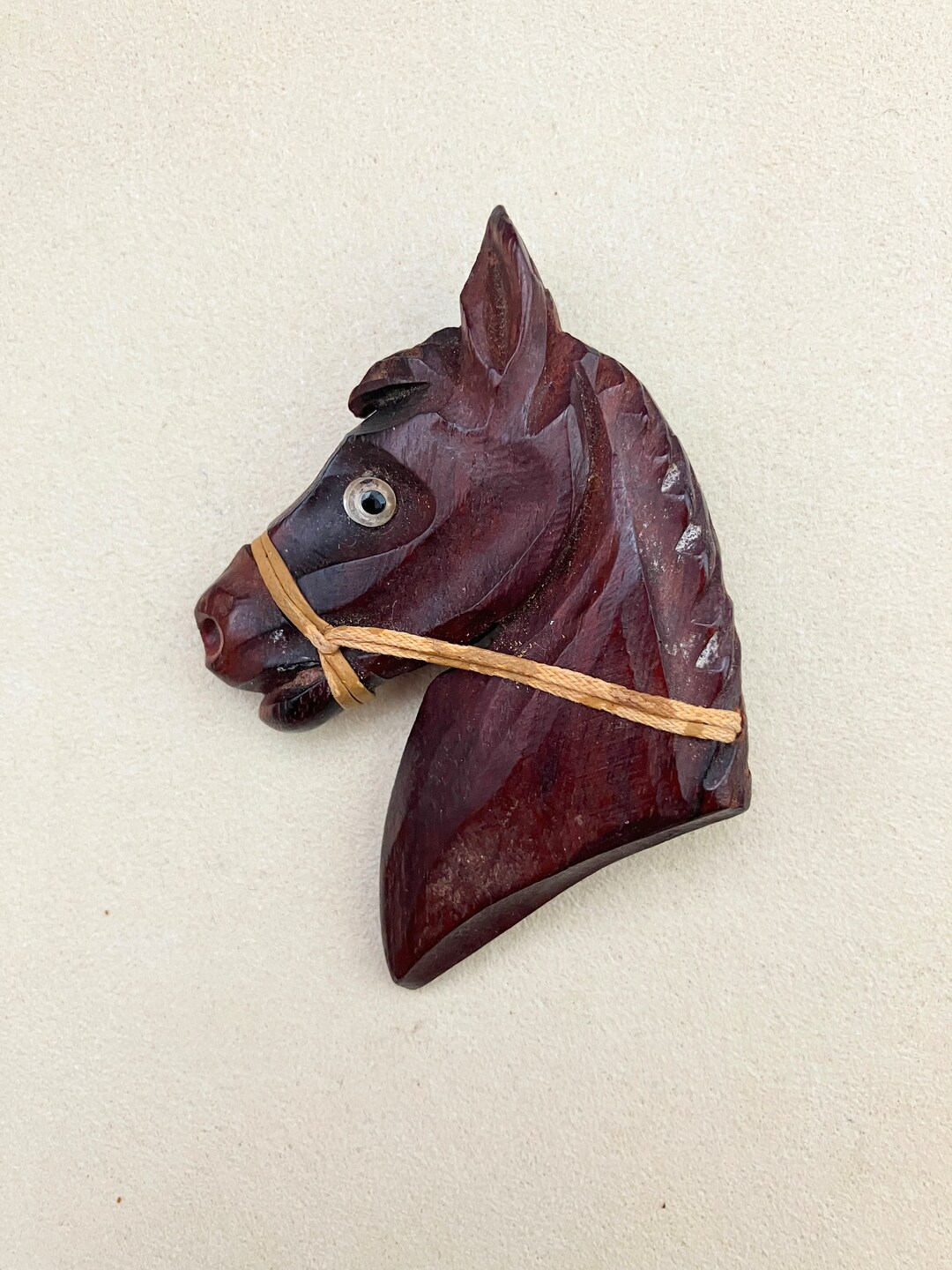 Vintage 1940s Hand Carved Wood Horse Head Brooch With Leather Rein ...