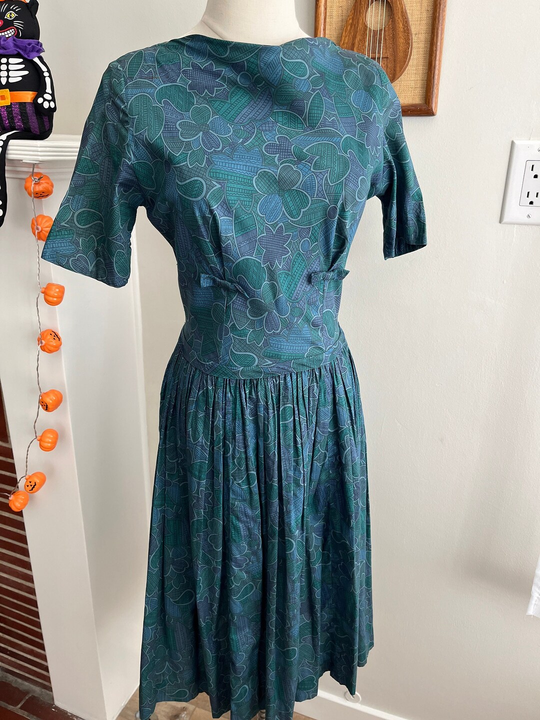 1950s 1960s Carol Rodgers-blue and Green Four Leaf Clover Print Cotton Day Dress-xs - Etsy