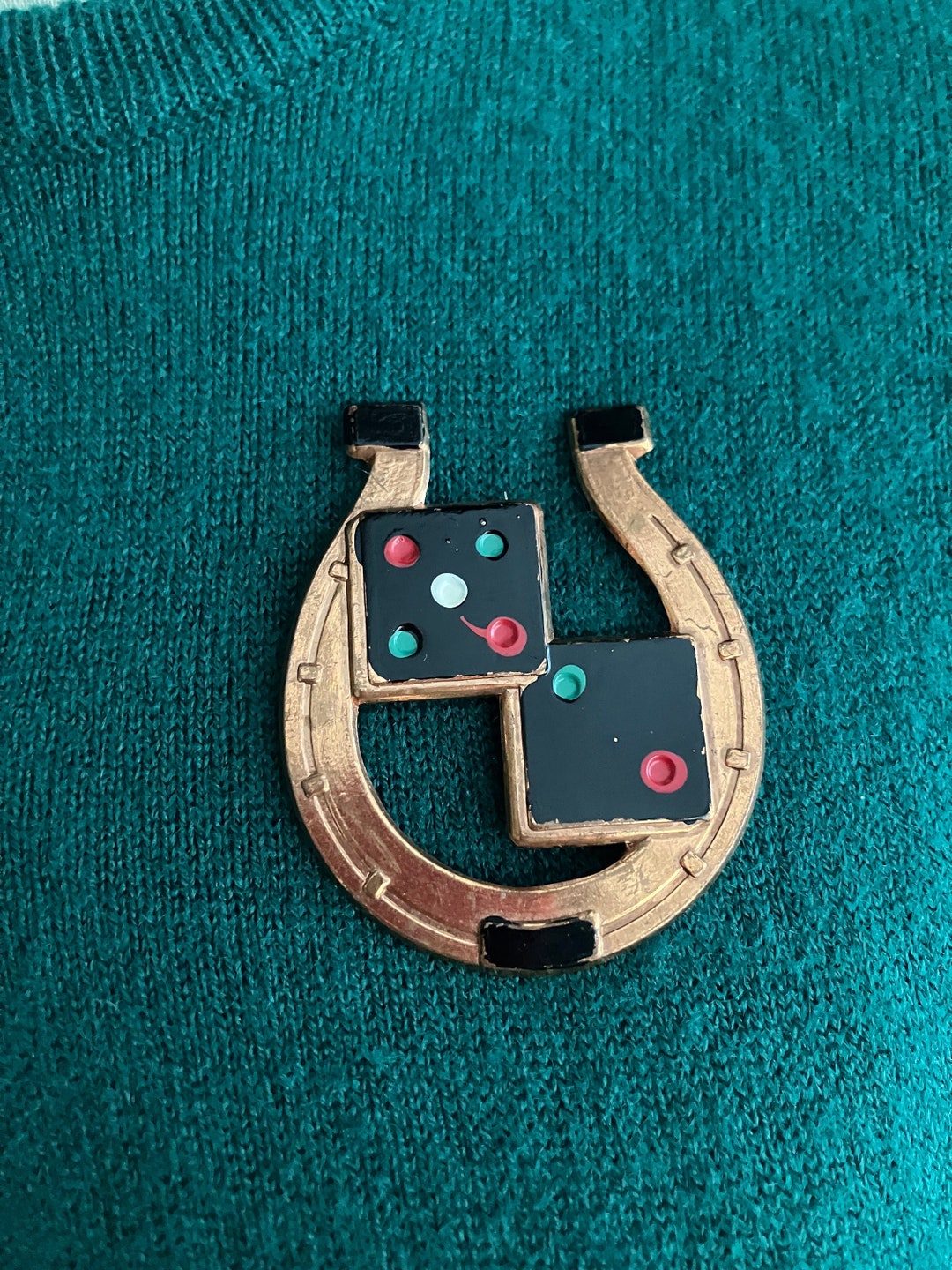 1940s 1950s Copper Tone Horseshoe Brooch With Dice Center - Hand ...