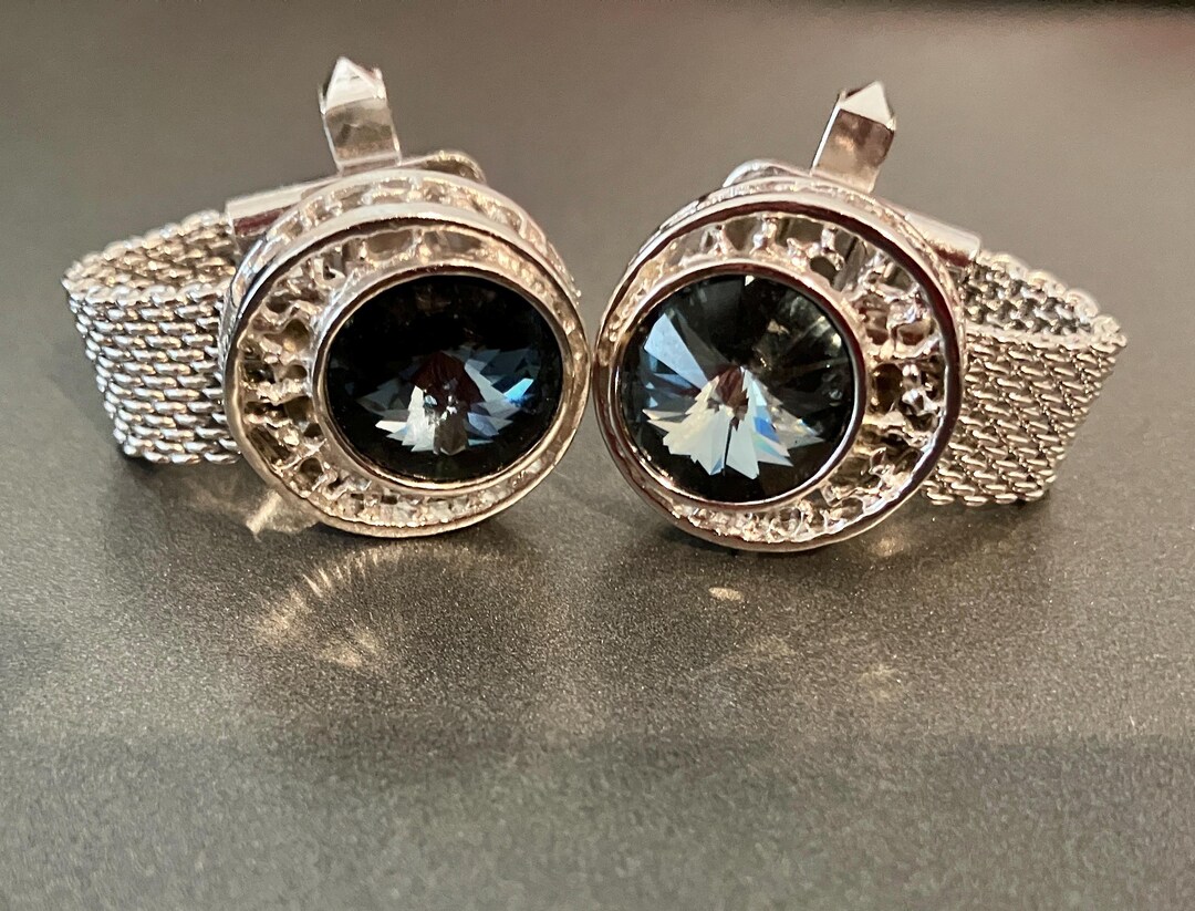 Elegant 1960s Silver Tone Mesh Wrap-around Cufflinks With Blue Crystal ...