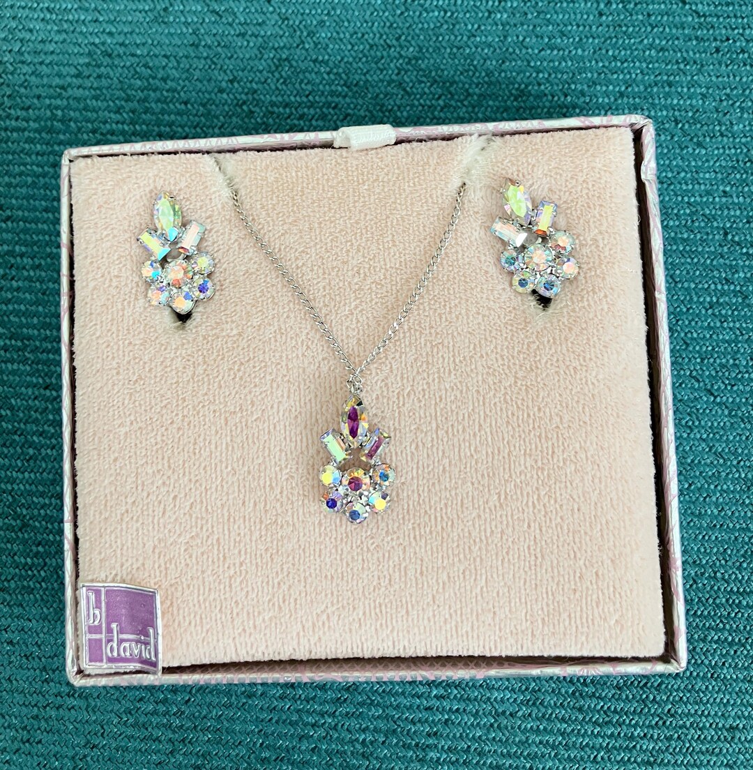 Vintage 1950s B. David Rhinestone Necklace and Earrings Set - Original ...