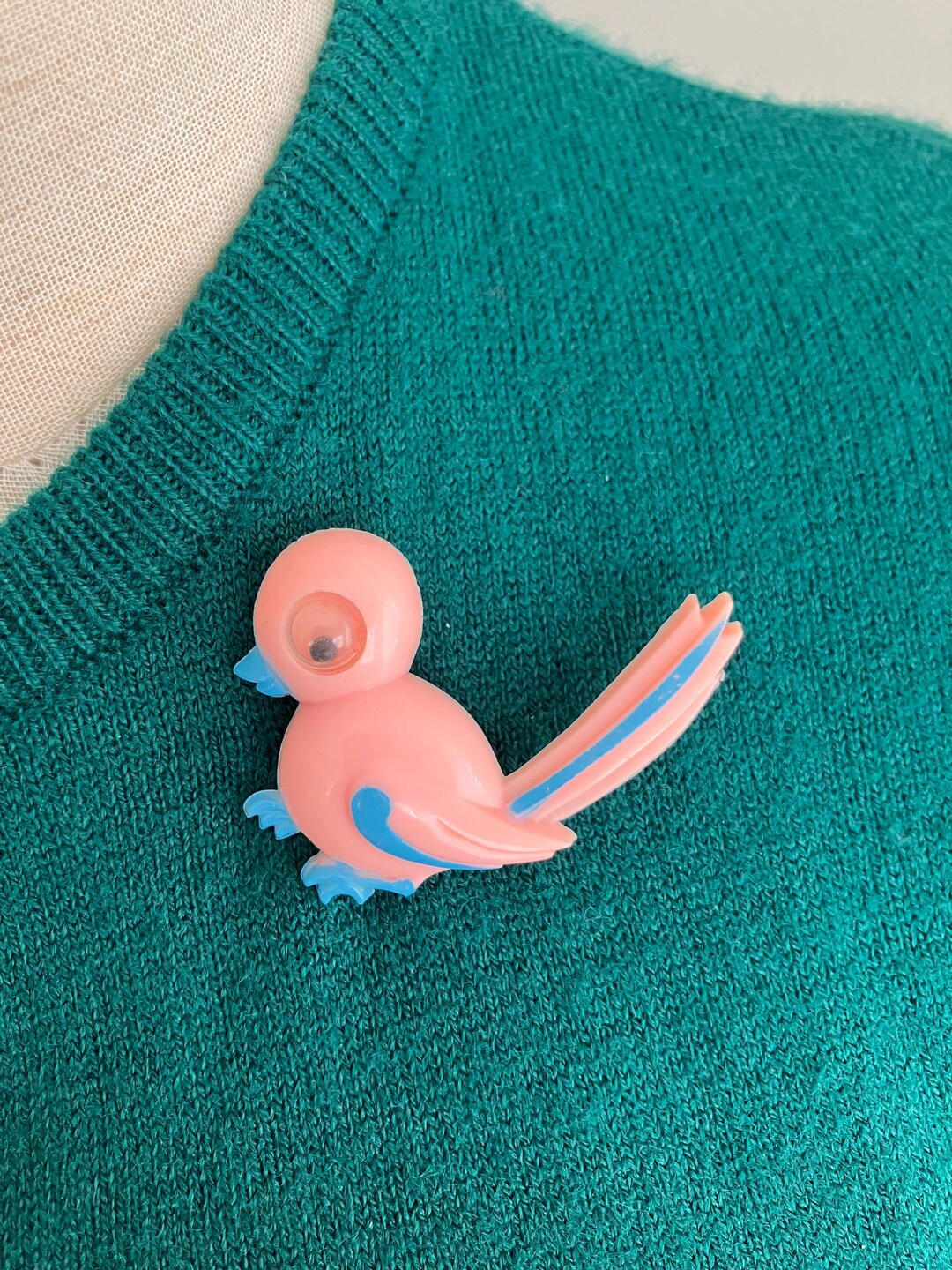 1940s Pink & Blue Googly Eye Bird Brooch - Vintage Celluloid Novelty ...