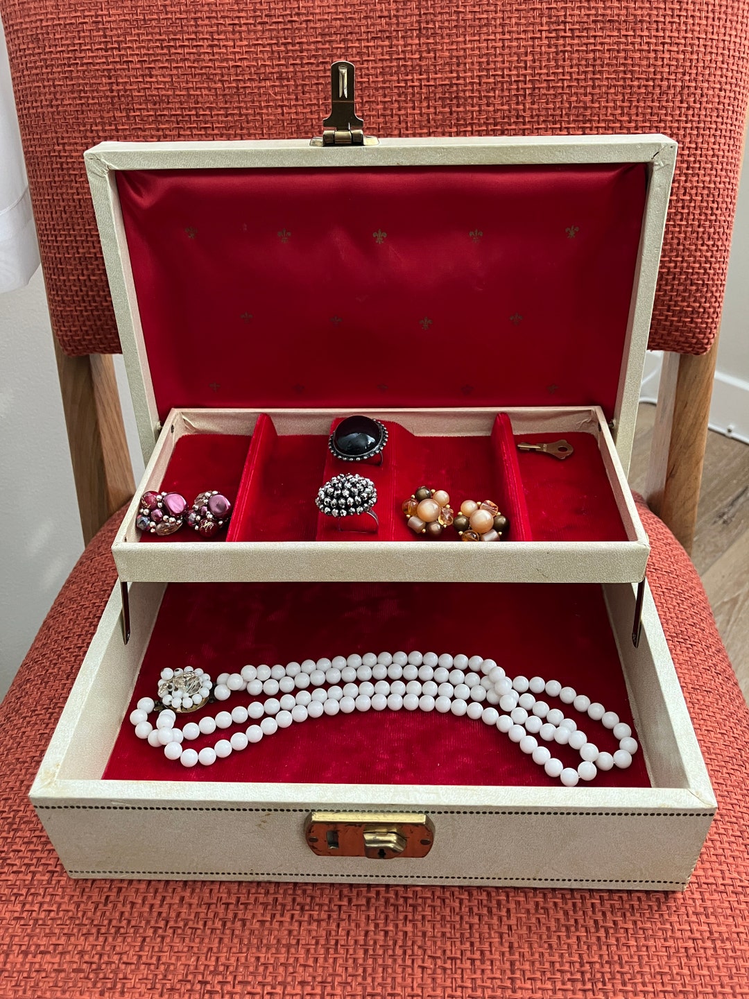 1950s Two Tier Jewelry Box With Key / Vintage Jewelry Box / Vintage ...