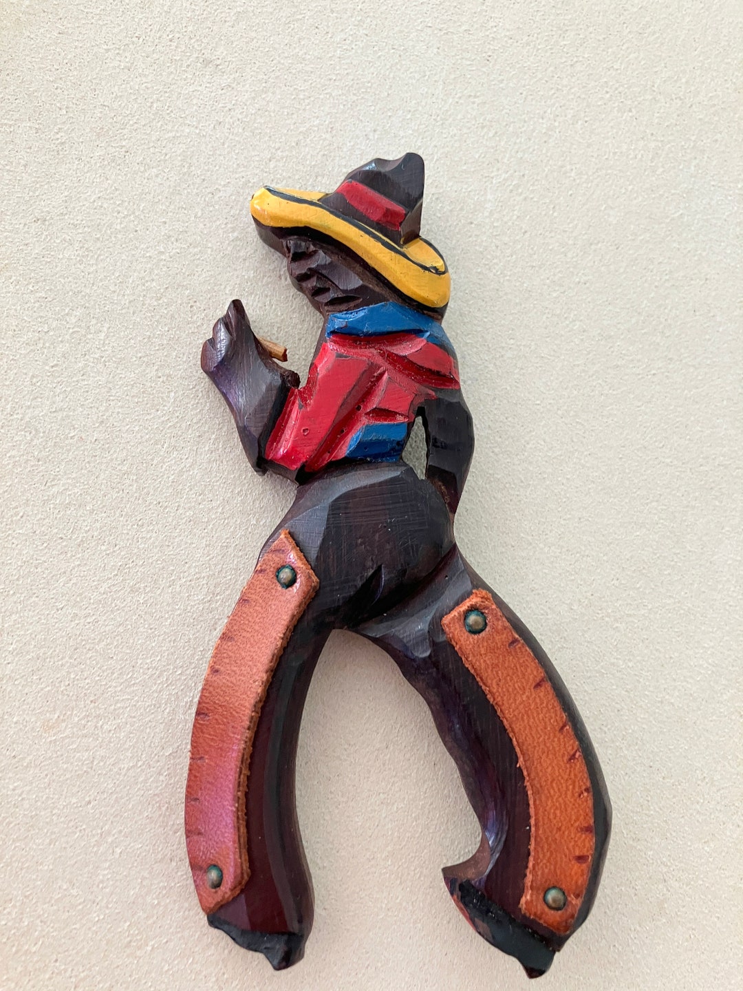 Vintage 1940s Hand Carved and Painted Wooden Cowboy Brooch With Leather ...