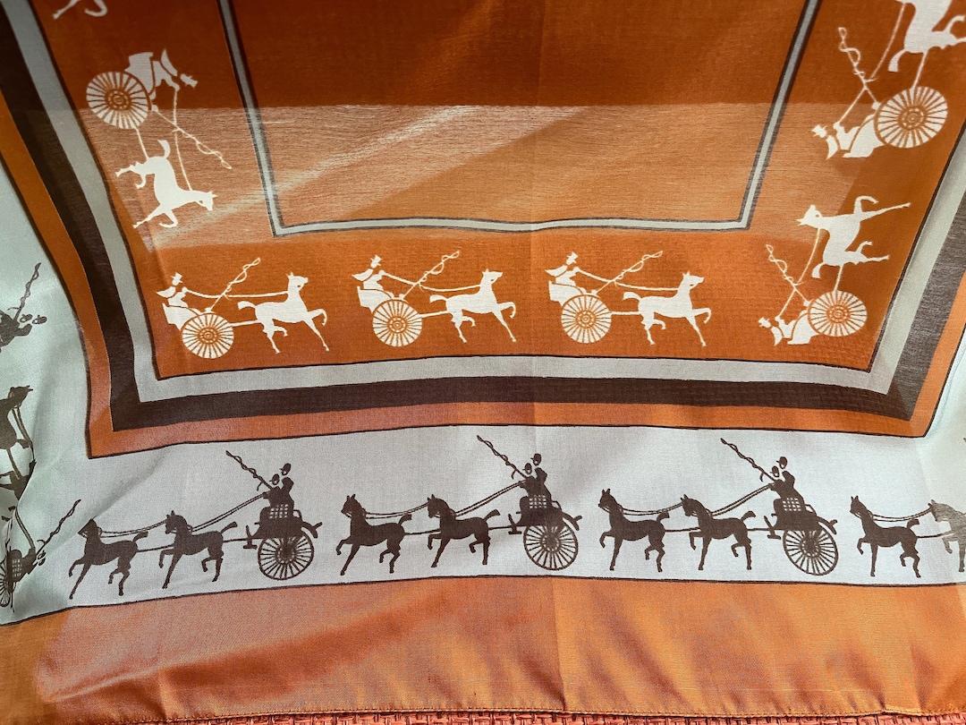 1960s Horse and Buggy Theme Novelty Print Large Square Scarf-made in ...