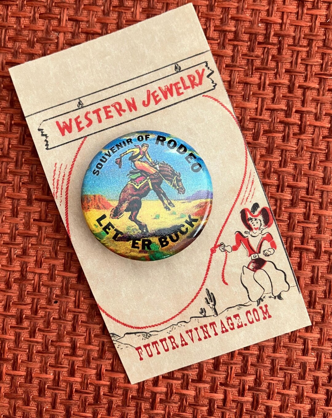 Retro Rodeo Button Pin: Let 'er Buck Cowboy Souvenir - Etsy