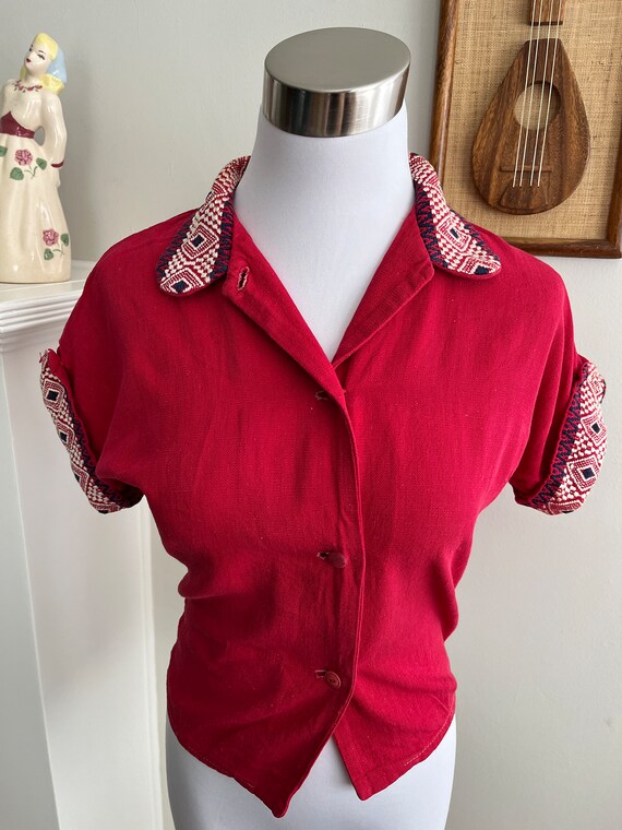 1950s Cecile-red Fitted Button up Top With Hand Woven Collar - Etsy