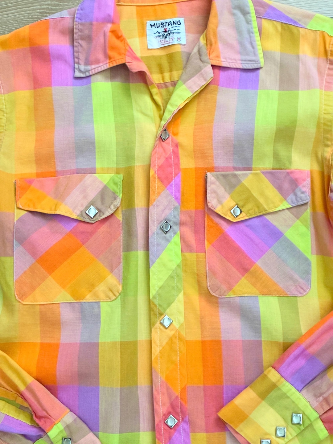 Vintage 1960s Mustang Pastel Madras Plaid Cowboy Shirt Pearl Snap