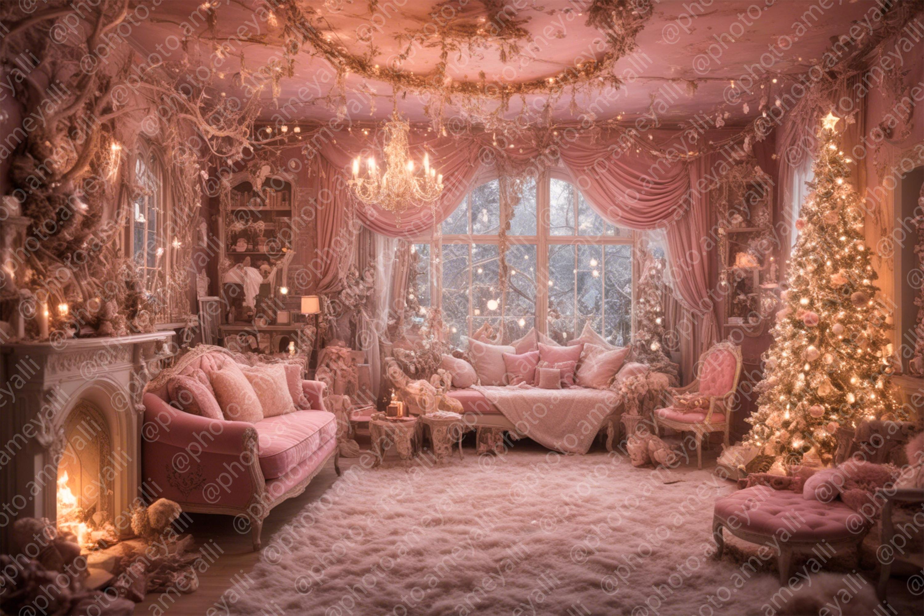 Pink Christmas Digital Background, Fantasy Room Pink Backdrop,festive ...
