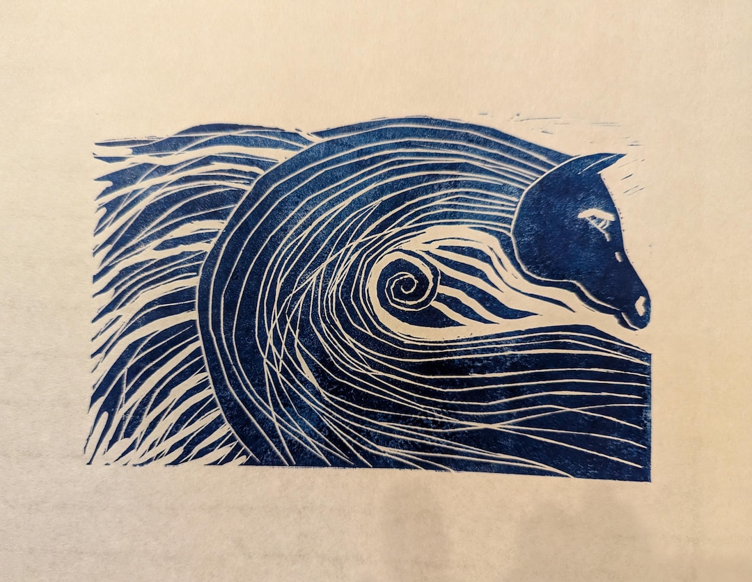 Abstract Horse Design on Handmade Paper Linocut Relief Print ~ Original ...