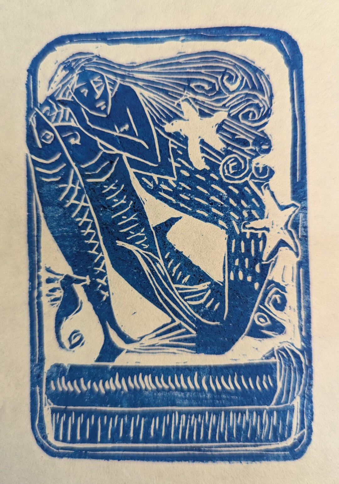Mermaid and Sardines ~ Original Linocut Art ~ Blue Ink Handprinted ...