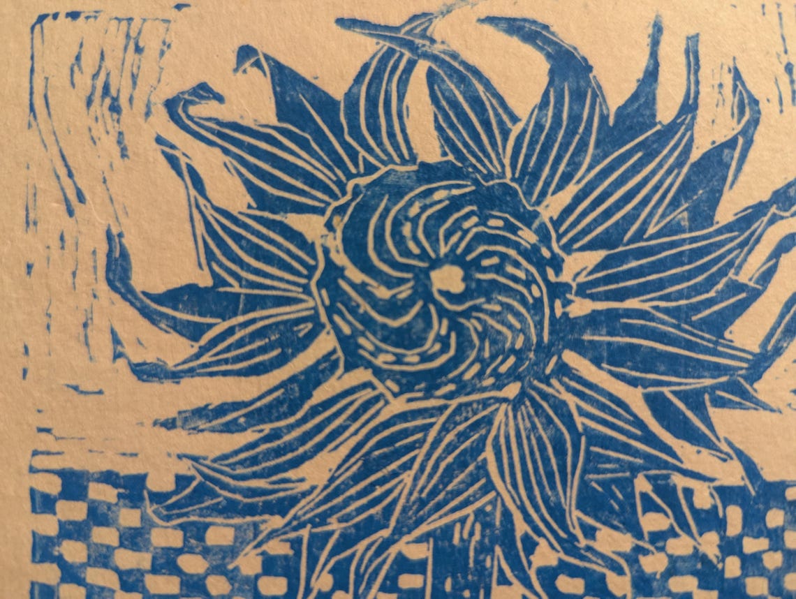 Pale Pink Handmade Paper Linocut Sunflower Design ~ Flower Art ~ Small ...