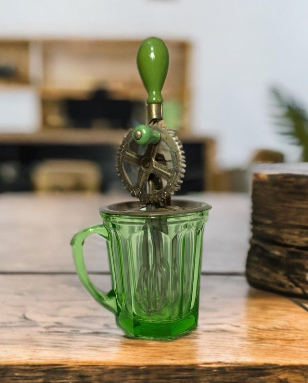 Antique A&J Uranium Glass Pitcher With Rotary Mixer - Vintage Green ...