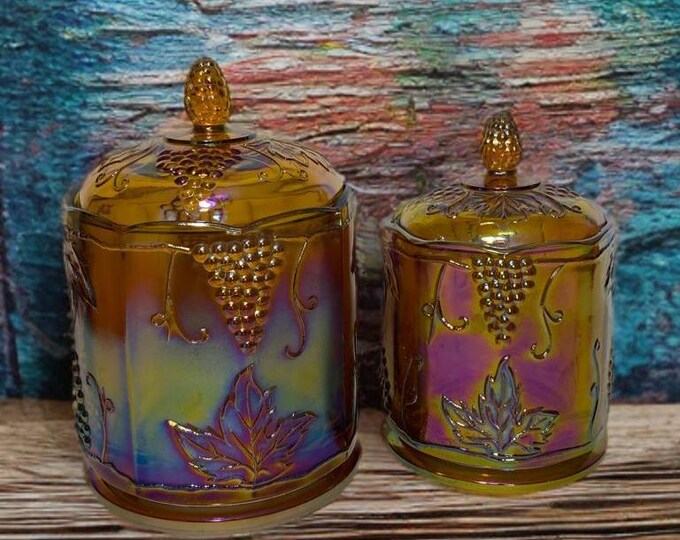 Vintage Indiana Glass Carnival Glass Grapes and Leaves Biscuit Jars ...