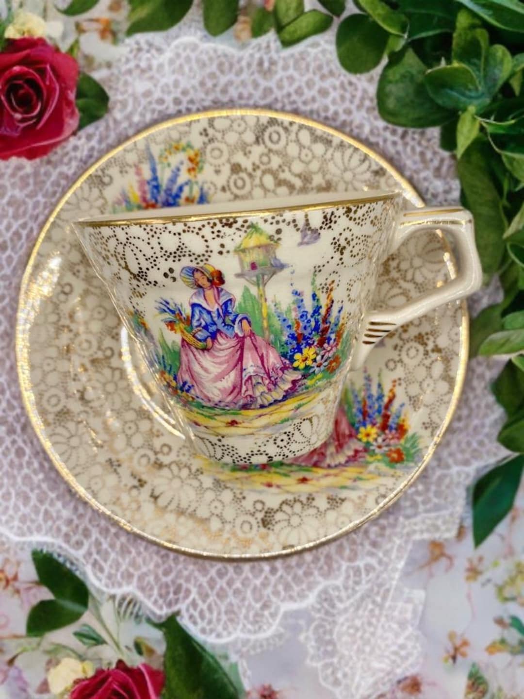 Vintage crinoline Lady Tea Cup and Saucer H K Tunstall England - Etsy