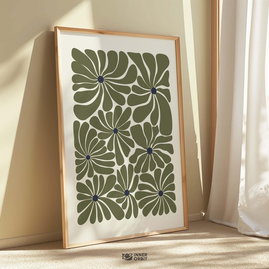 Sage Matisse Inspired Forest Green Boho Floral Poster Mid Century ...