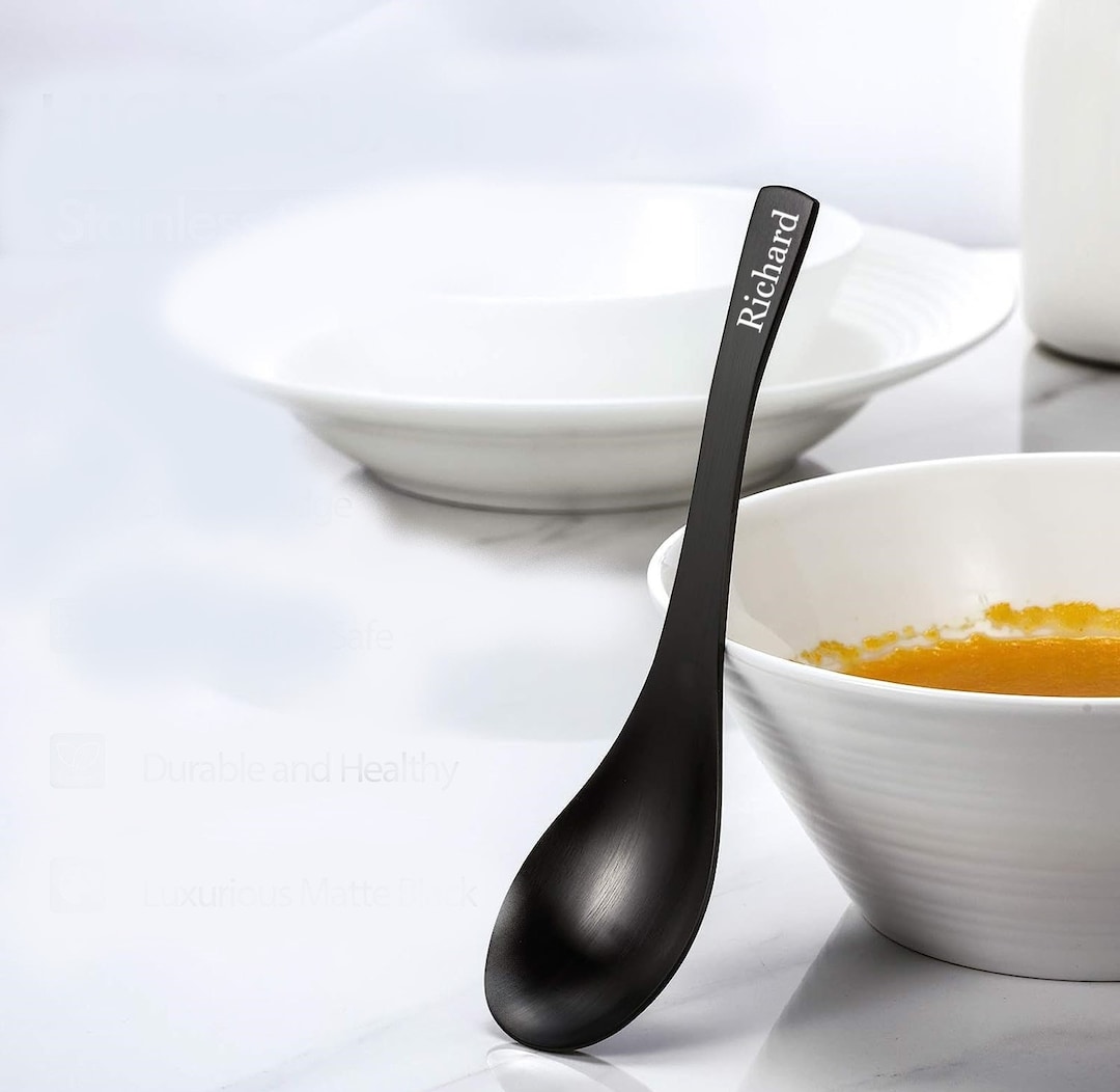 SOUP SPOON Custom Name Personalized Black or Silver Engraved Dinnerware ...