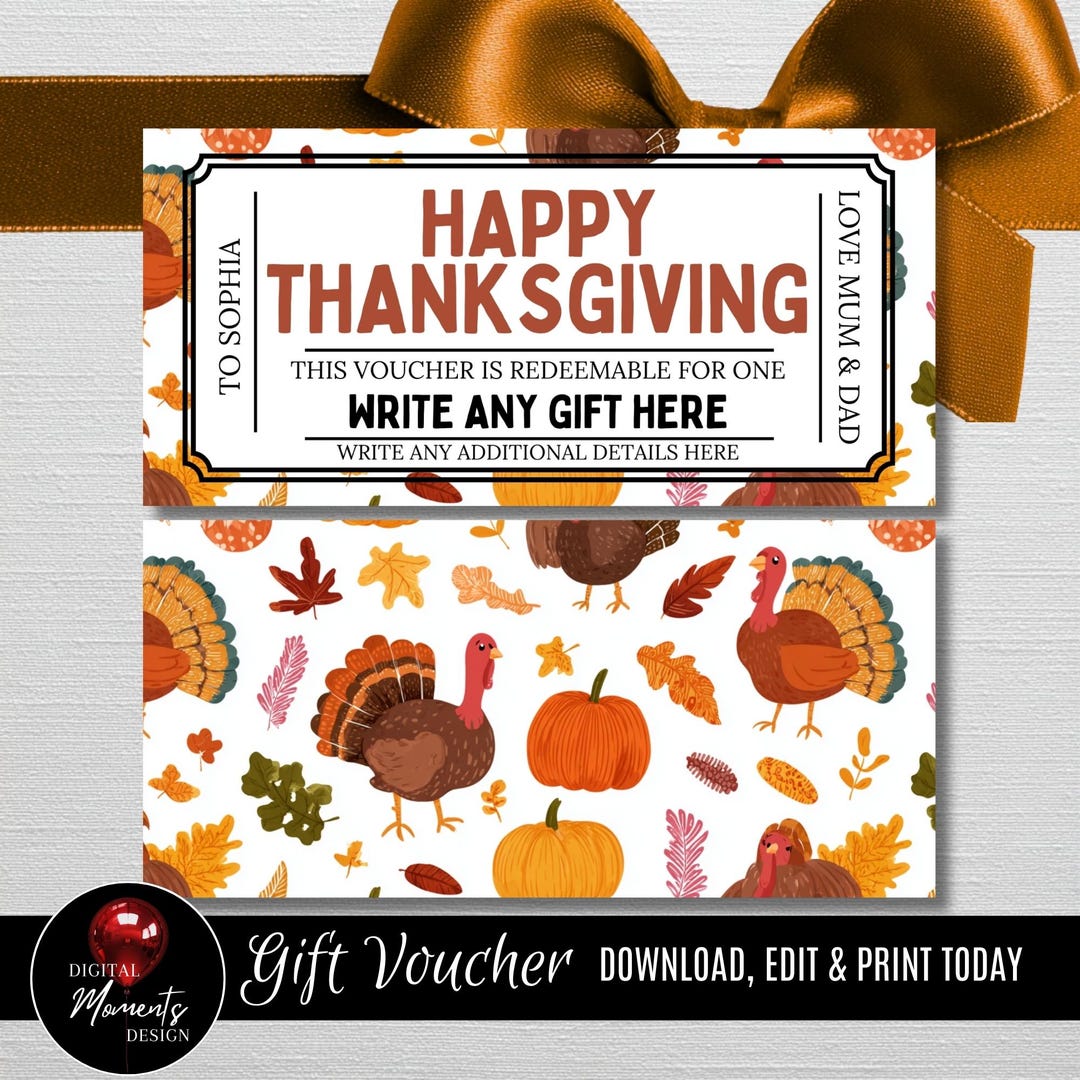 Thanksgiving Gift Voucher Template, Printable Certificate Coupon ...