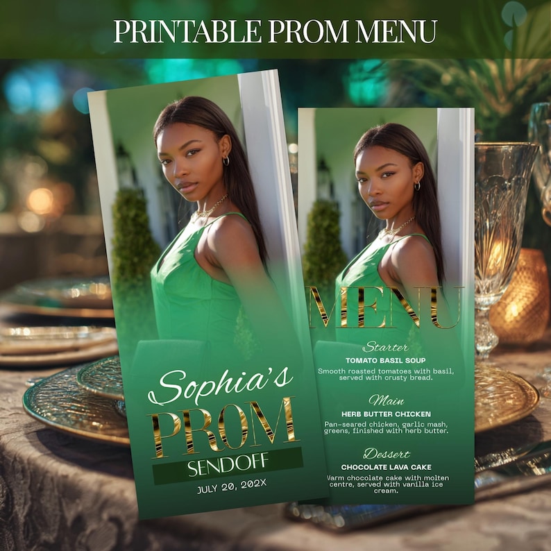 Prom Menu Printable, Editable Dinner Menu Card Green Gold, Formal Dance ...