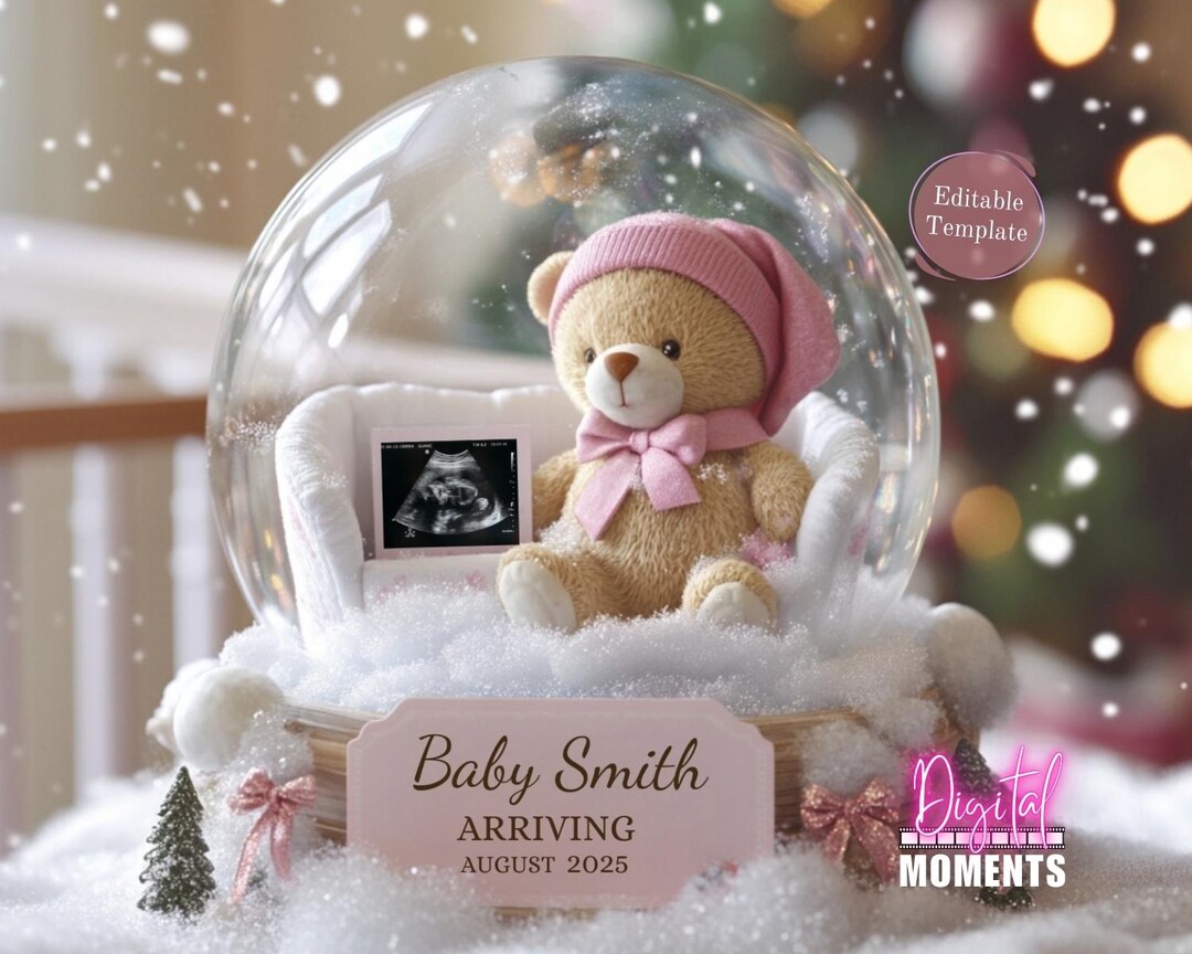 Digital It's a Girl Pregnancy Announcement, Pink Christmas Snow Globe ...