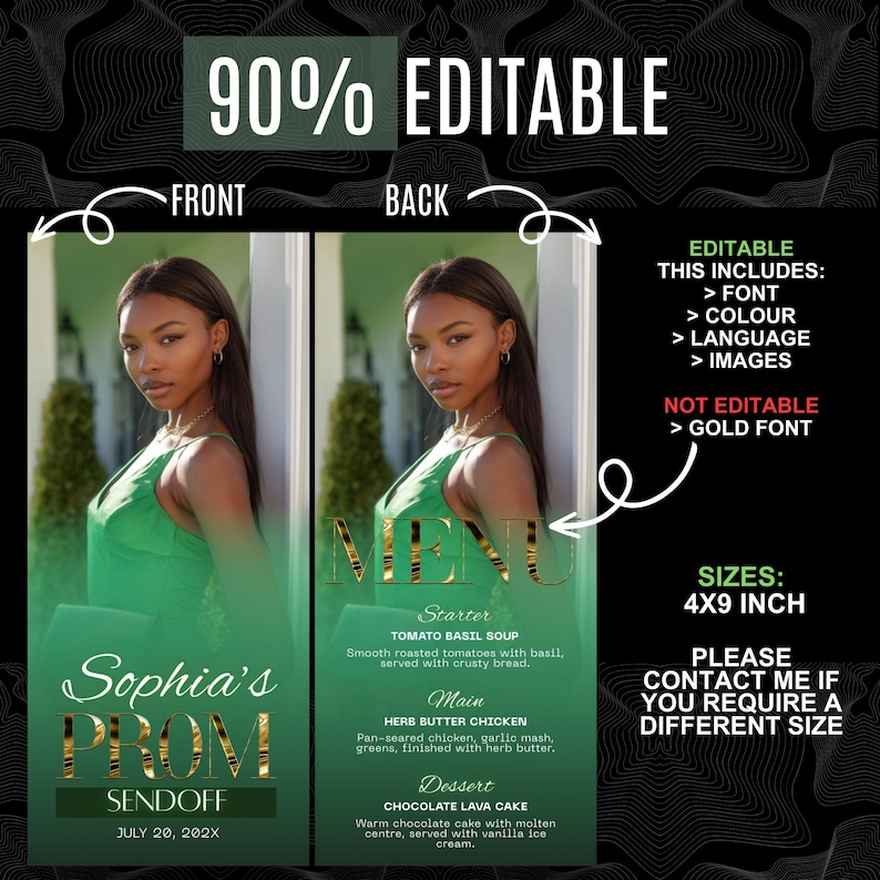 Prom Menu Printable, Editable Dinner Menu Card Green Gold, Formal Dance ...