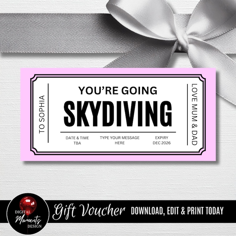 Pink Skydiving Gift Voucher, Editable Sky Dive Ticket, Surprise ...